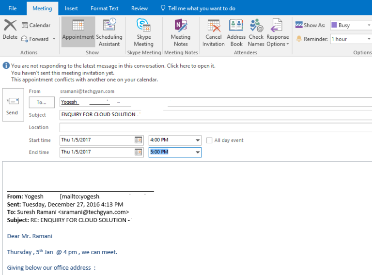 Convert Email to Meeting — TechGyan - Cloud Changes Everything